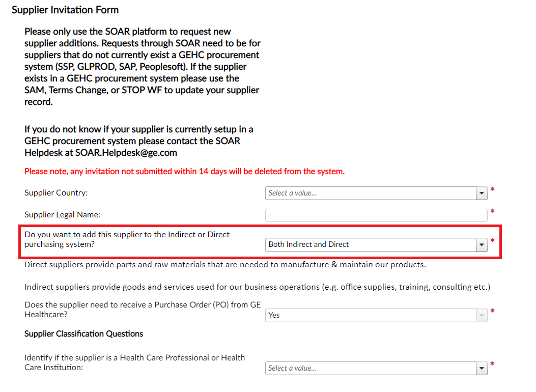 Indirect and Direct Supplier Invitation Form
